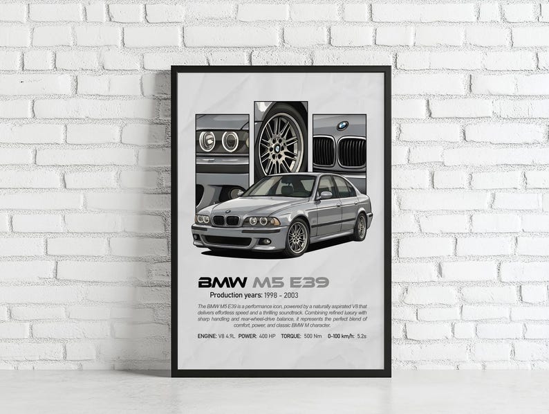 BMW M5 E39 Silver Poster | V8 Performance Sedan Wall Art | Classic BMW ...