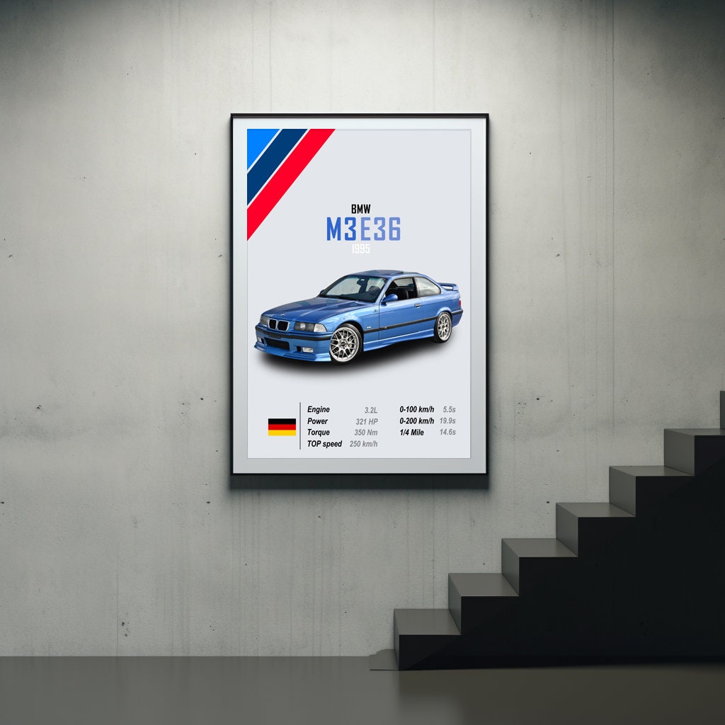 Blue BMW M3 E36 Poster, M3 Poster, Set of 2, Dark and Light Theme ...