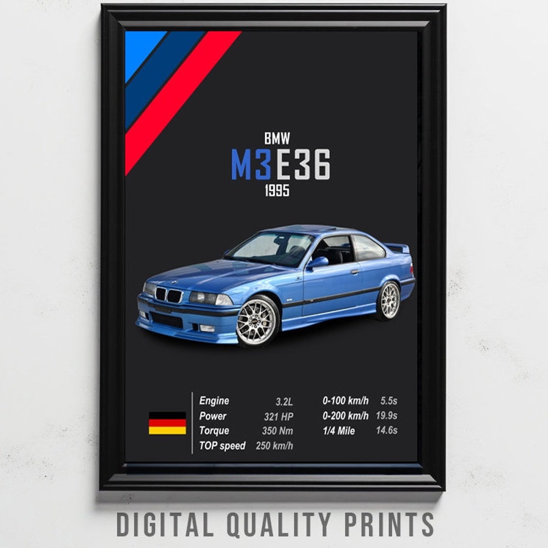 Blue BMW M3 E36 Poster, M3 Poster, Set of 2, Dark and Light Theme ...