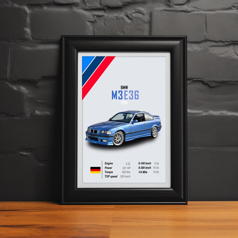 Blue BMW M3 E36 Poster, M3 Poster, Set of 2, Dark and Light Theme ...