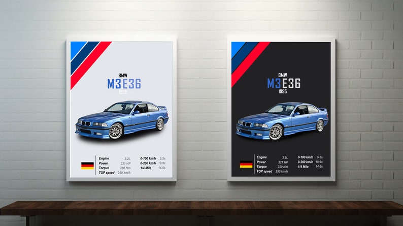 Blue BMW M3 E36 Poster, M3 Poster, Set of 2, Dark and Light Theme ...