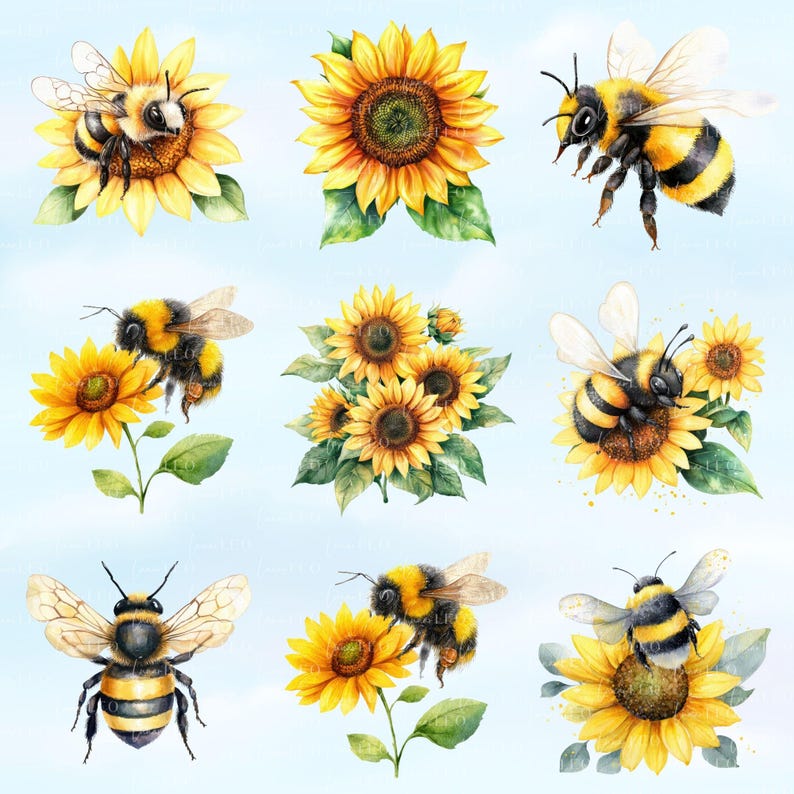Watercolor Sunflower and Bee Clipart, Yellow Floral PNG, Garden Party ...