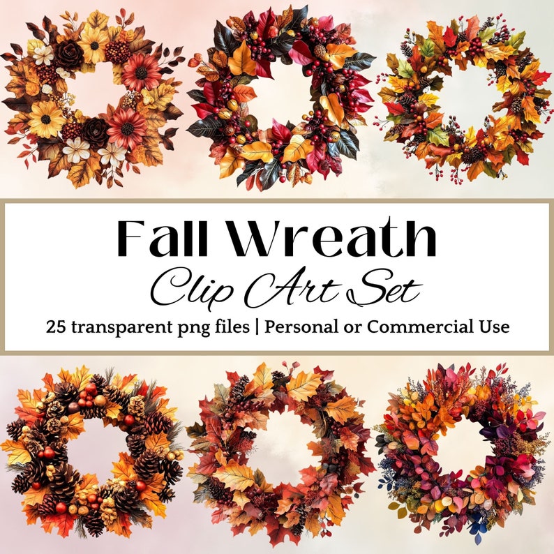 Fall Wreath CLIPART Autumn Decor PNG Printable Wall Art Digital Wreath ...