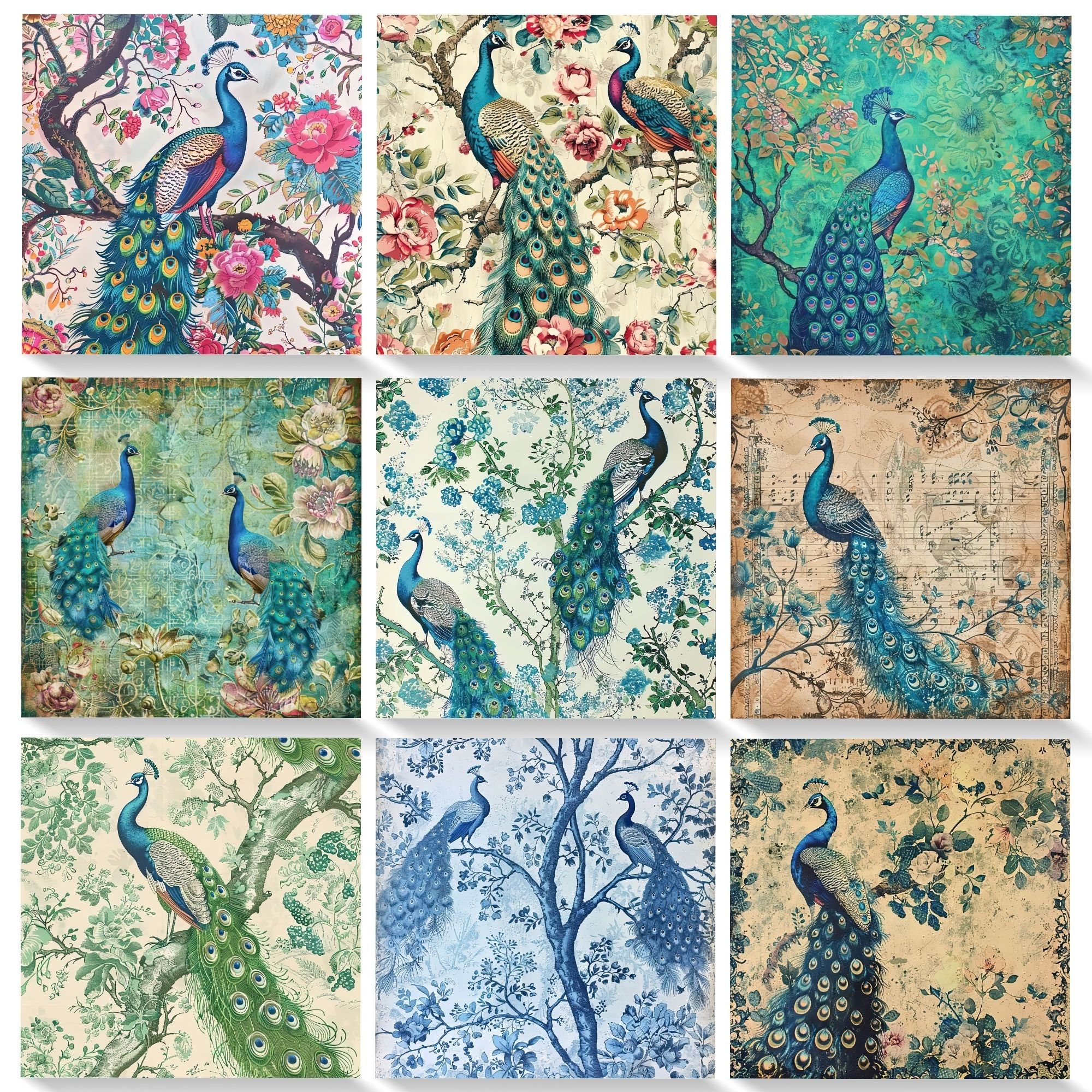 Peacock DIGITAL PAPER Toile Design Jewel Tones Background Peacock Image ...