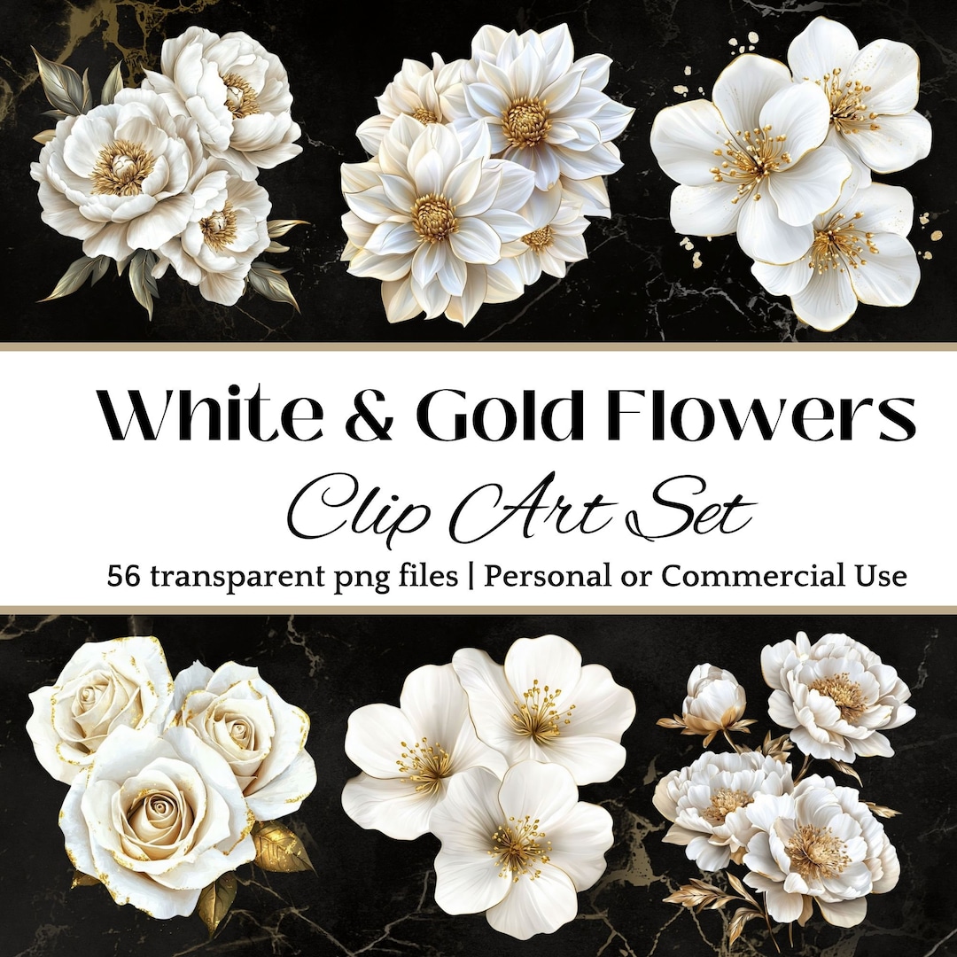 White + Gold Flower CLIP ART for DIY Wedding Invitation Printable ...