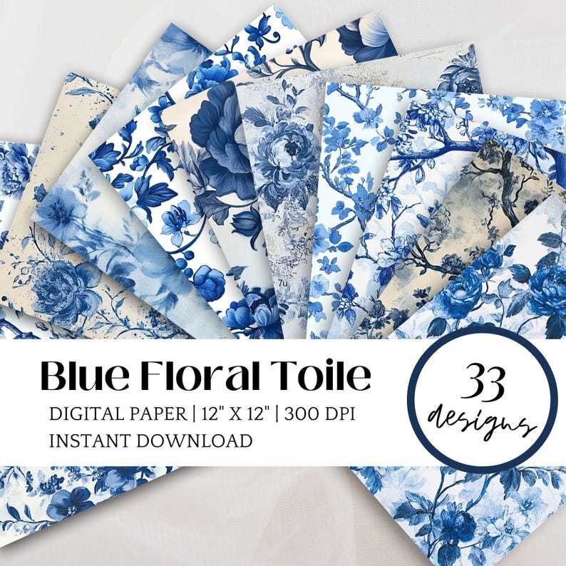 Blue Floral Toile DIGITAL PAPER for Wedding Invitation Elegant ...
