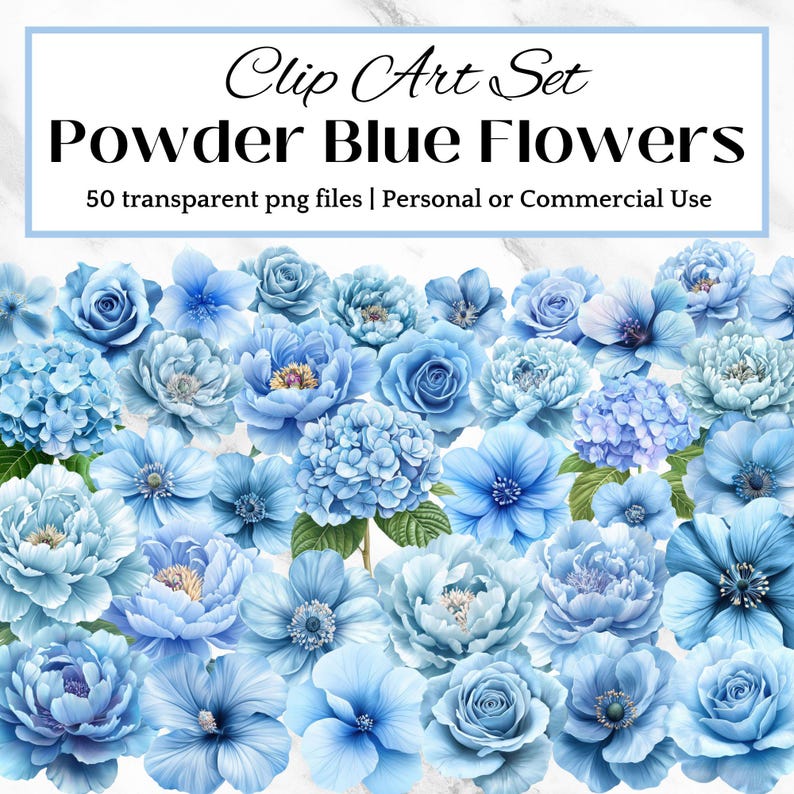 Blue Flower CLIPART Powder Blue Floral PNG Wedding Design Baby Shower ...
