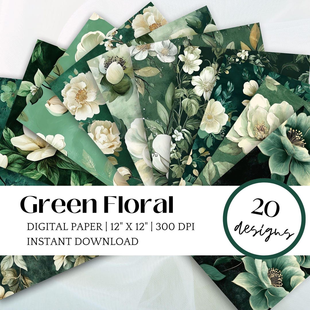 Green Floral DIGITAL PAPER Printable Floral Background for DIY Craft ...