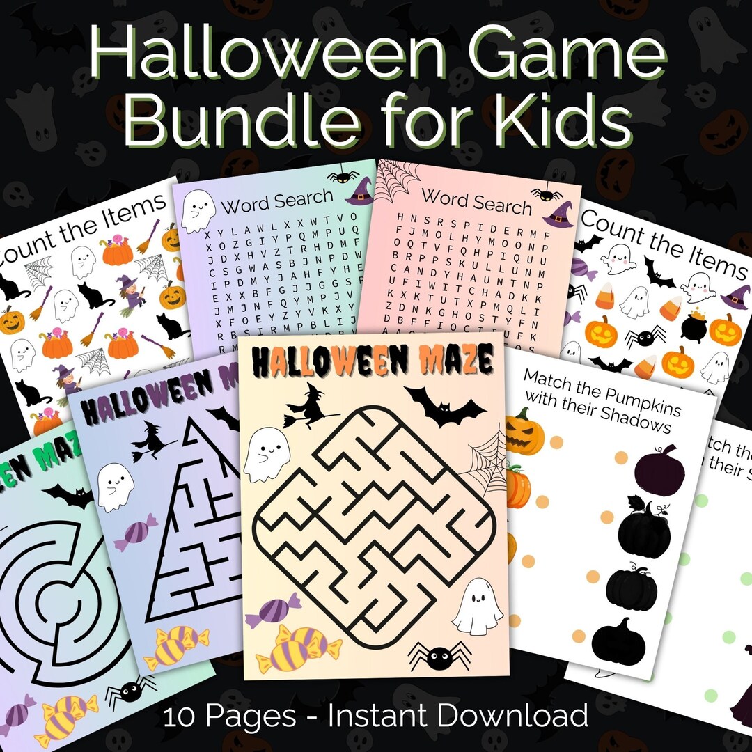 Halloween Game Pack for Kids Printable Maze Word Search Shadow Match ...