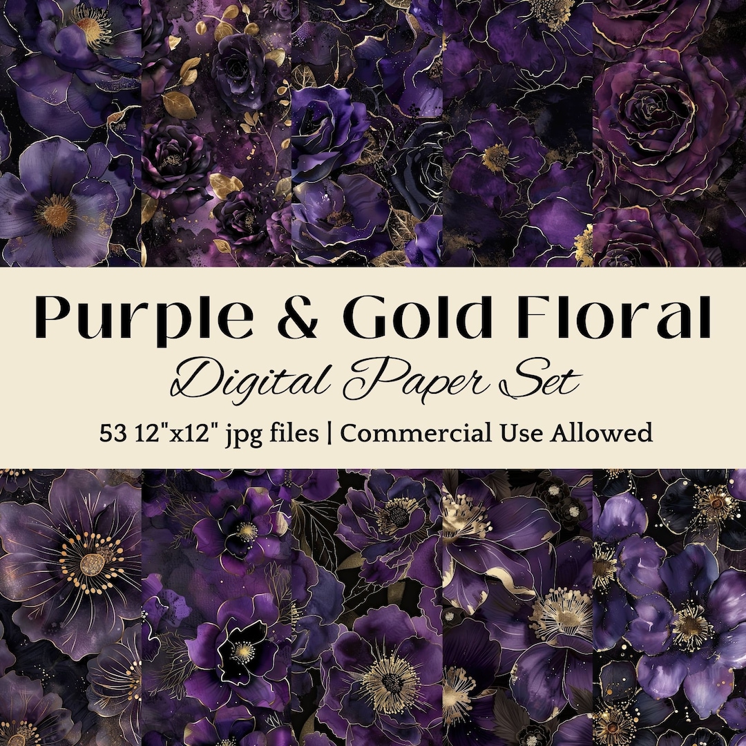 Purple Gold Floral DIGITAL PAPER Dark Floral Design Purple Flower Black ...
