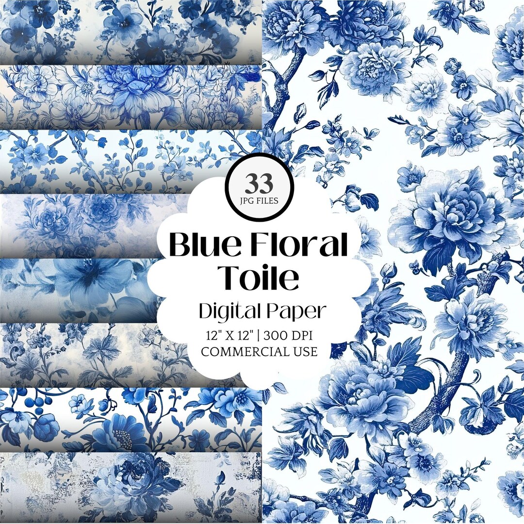 Toile Blue Floral DIGITAL PAPER for Scrapbooking Wedding Invitation ...