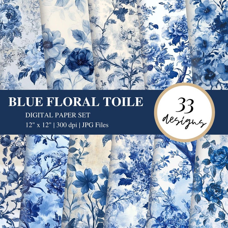 Toile Blue Floral DIGITAL PAPER for Scrapbooking Wedding Invitation ...