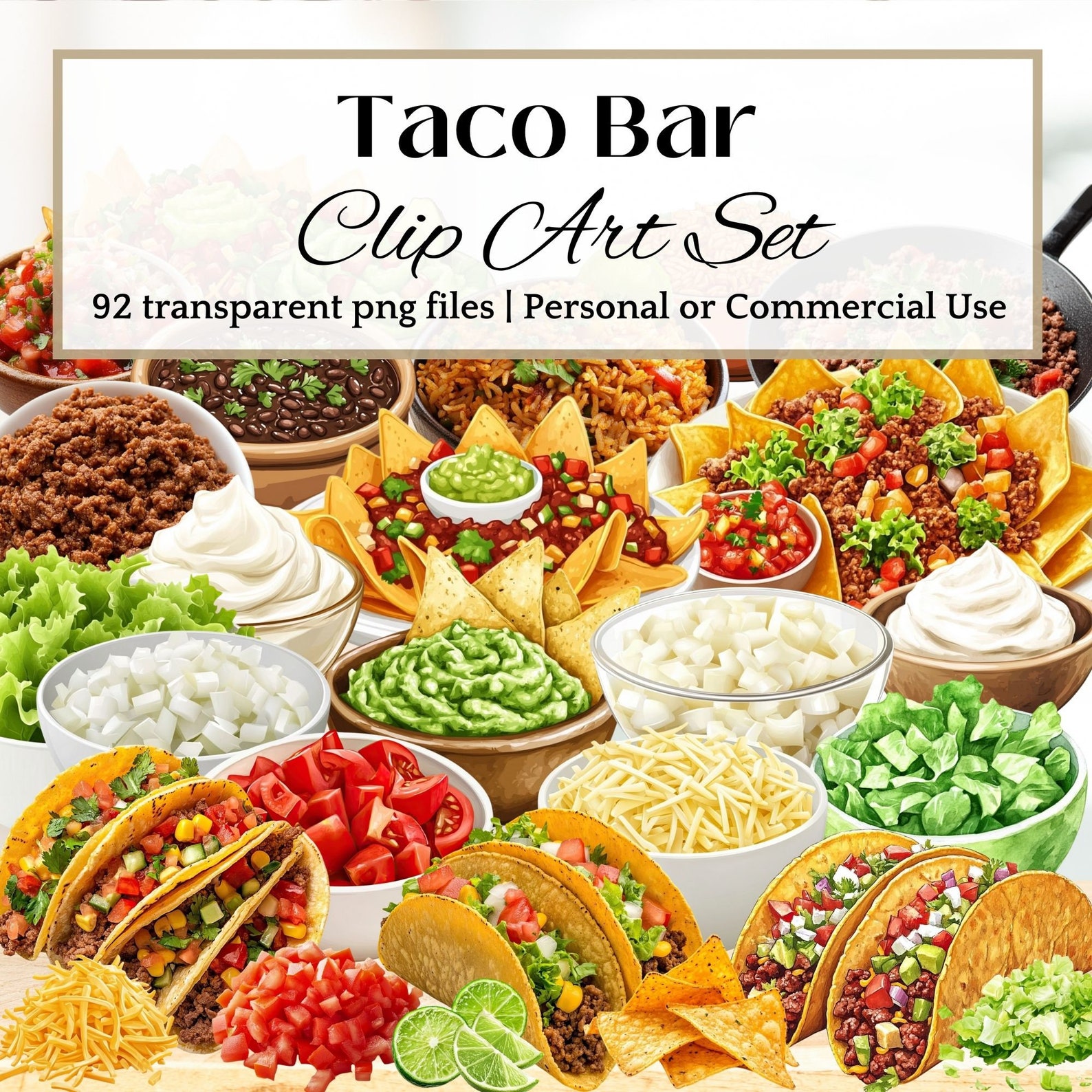 Taco Bar CLIP ART for Party Printable Taco Graphic for DIY Invitation ...