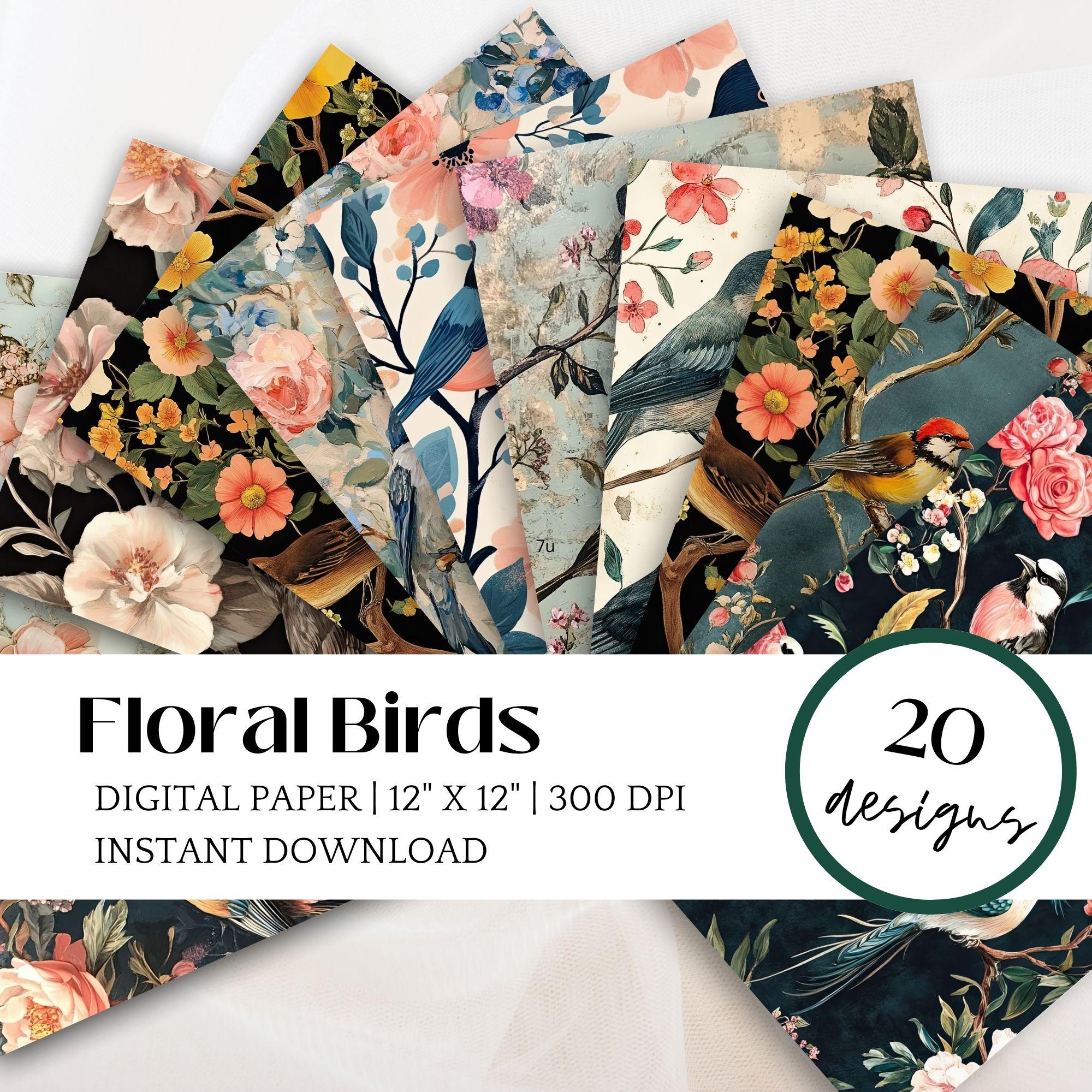 Bird DIGITAL PAPER Bird Pattern Floral Themed Art Digital Wallpaper ...