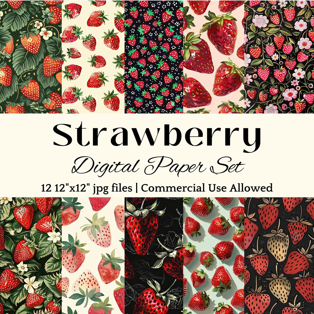 Wild Strawberry DIGITAL PAPER Berry First Birthday Cutecore Strawberry ...