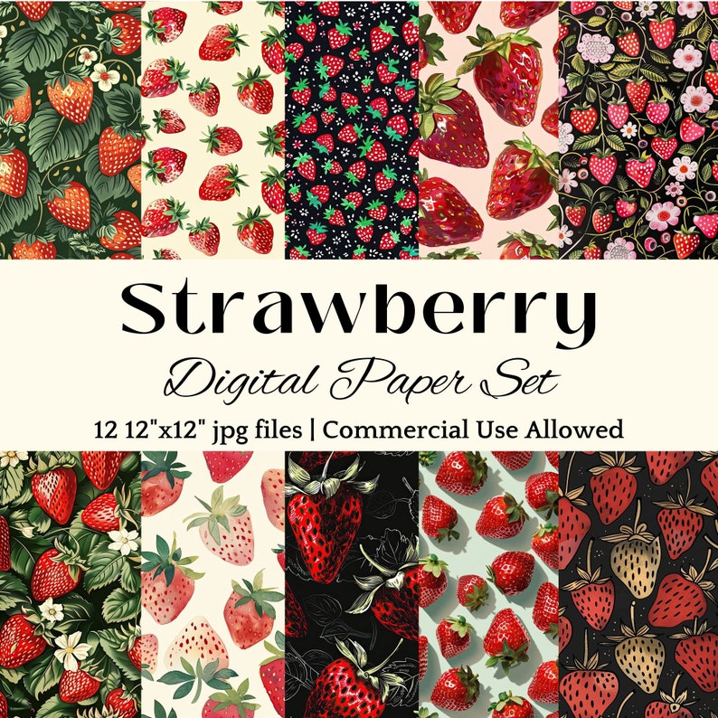 Strawberry DIGITAL PAPER Cottagecore Berry First Birthday Cutecore ...