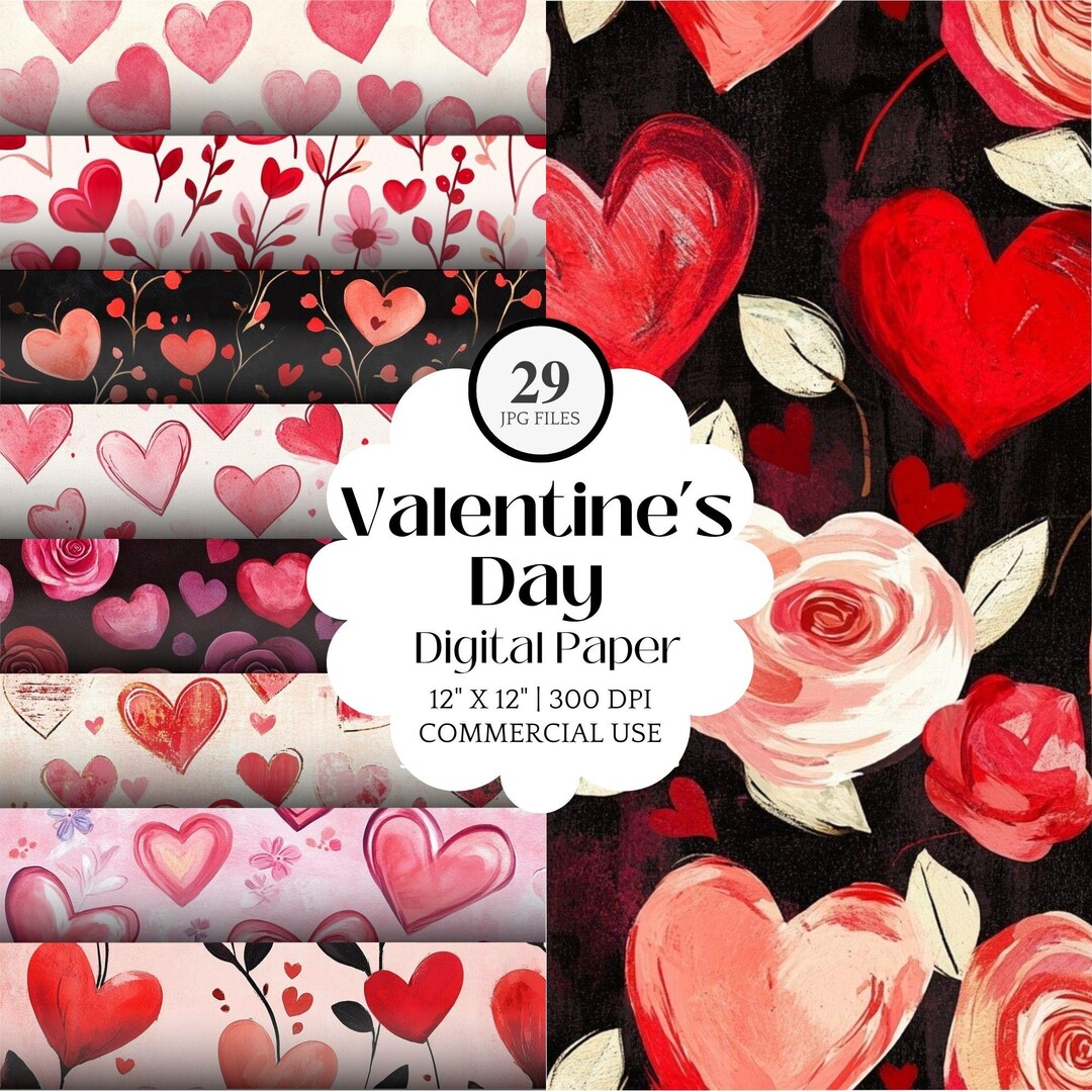 Valentines Day DIGITAL PAPER Romantic Printable Valentine's Day Heart ...