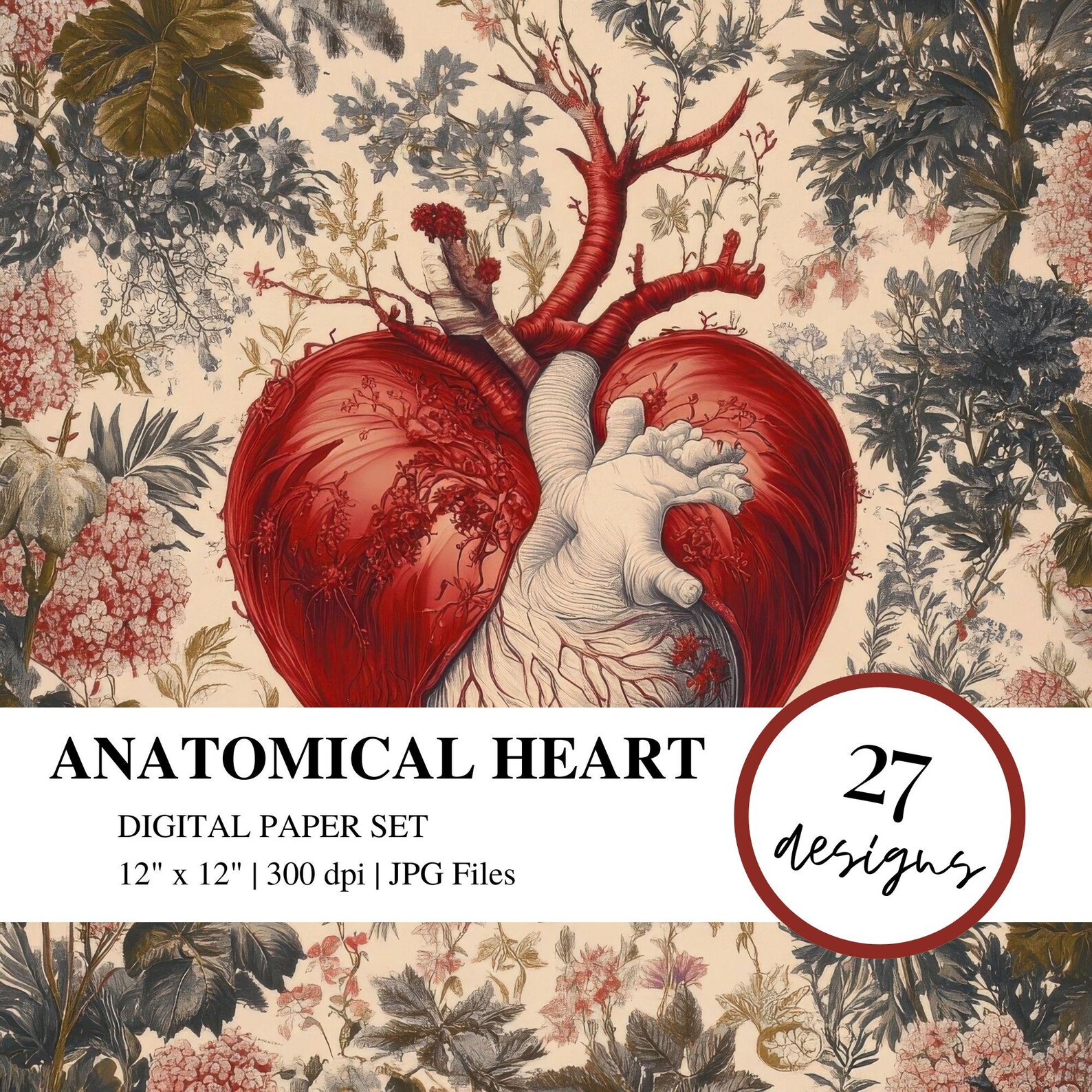 Anatomical Heart DIGITAL PAPER Vintage Floral Background Romantic ...