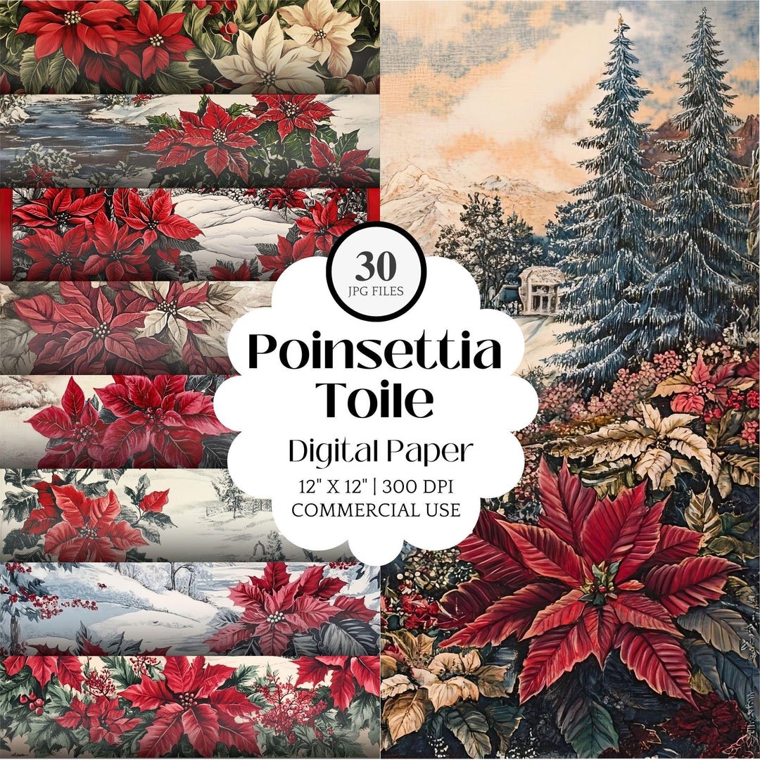 Poinsettia DIGITAL PAPER for Holiday Craft Christmas Scrapbook Supplies ...