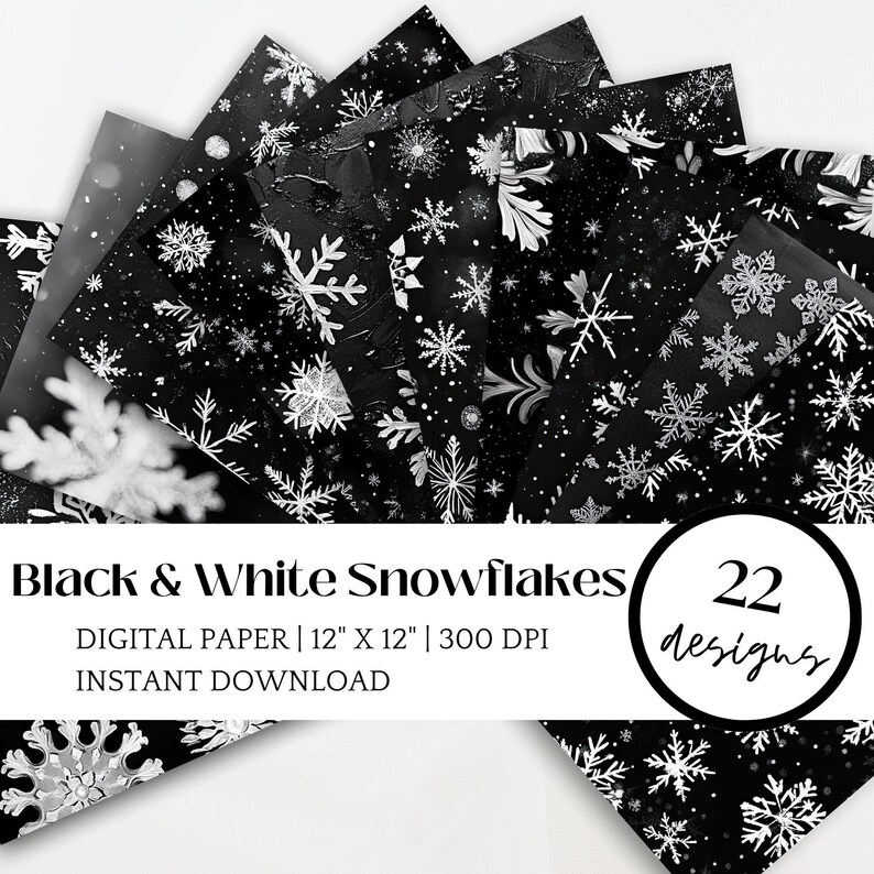 Black & White Snowflake DIGITAL PAPER Elegant Winter Decor Holiday ...