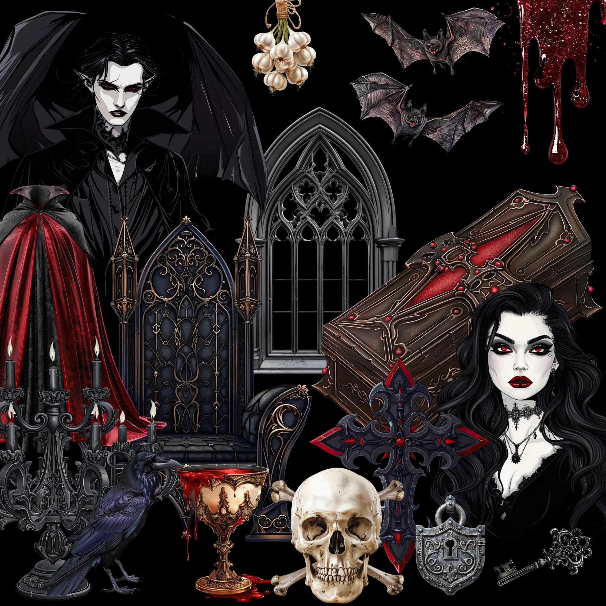 Vampire CLIPART Gothic Halloween PNG Bundle - Coffin Skull Cross ...