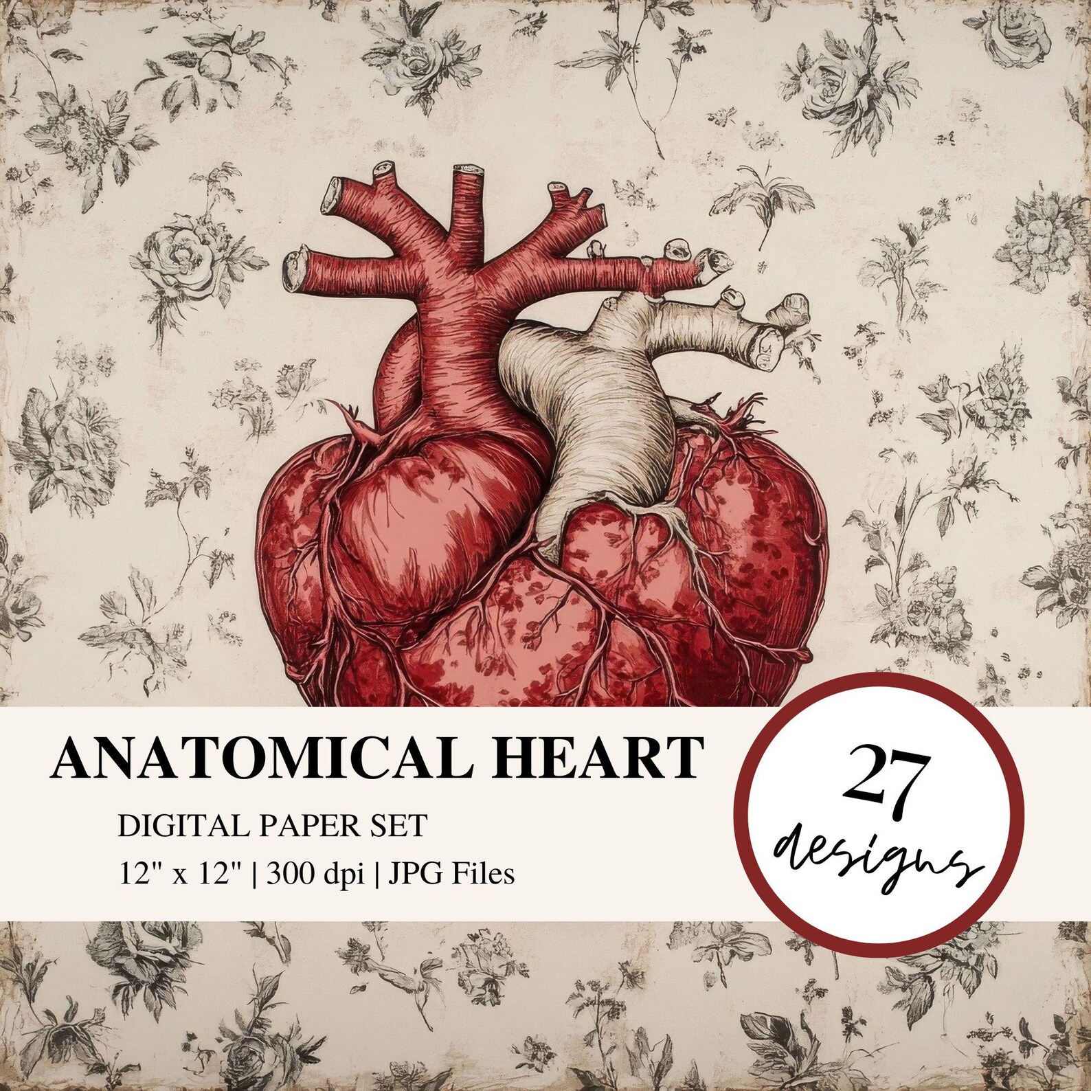 Anatomical Heart DIGITAL PAPER Vintage Floral Background Romantic ...