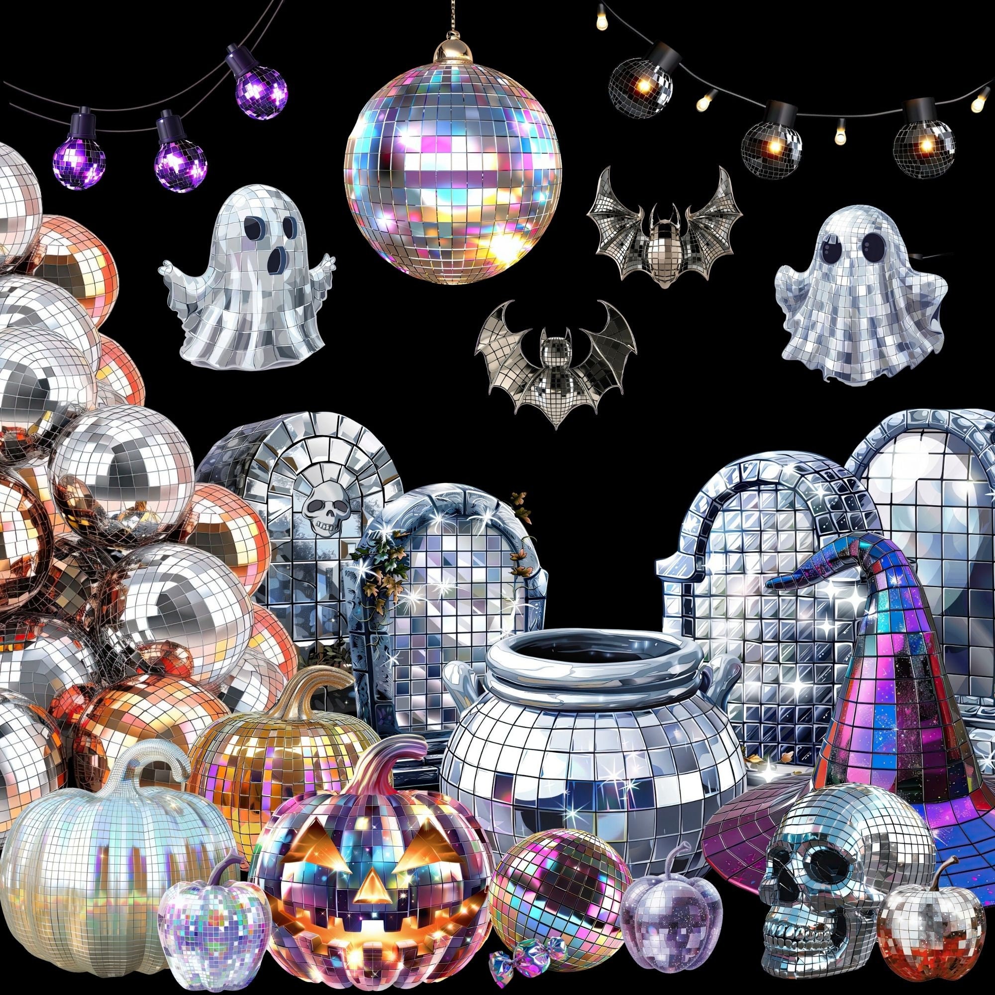 Disco Halloween CLIPART Set PNG for Retro Party Decor Spooky Ghost ...