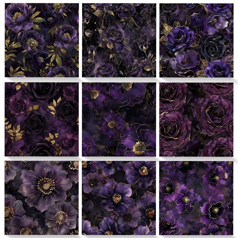 Purple Gold Floral DIGITAL PAPER Dark Floral Design Purple Flower Black ...