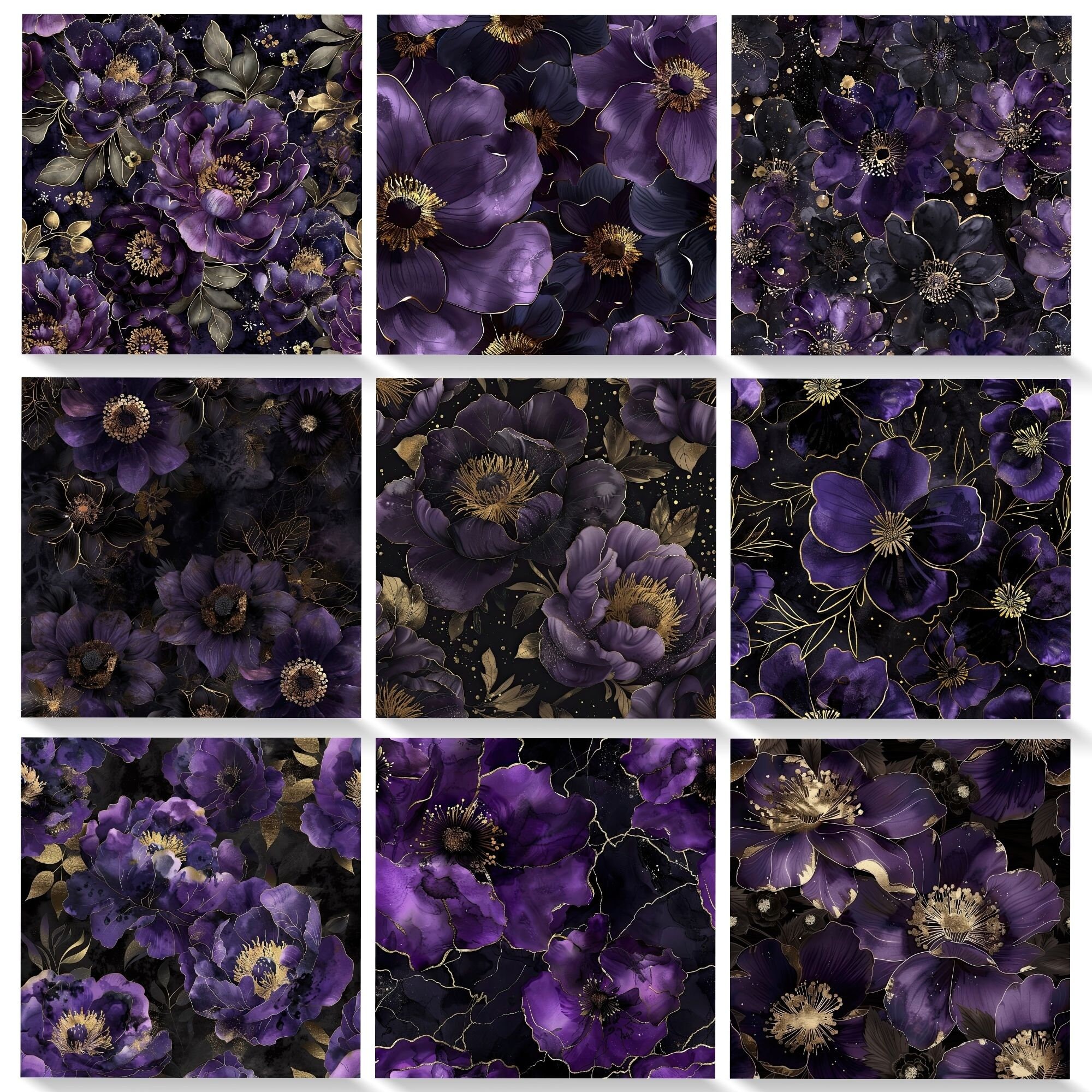 Purple Gold Floral DIGITAL PAPER Dark Floral Design Purple Flower Black ...