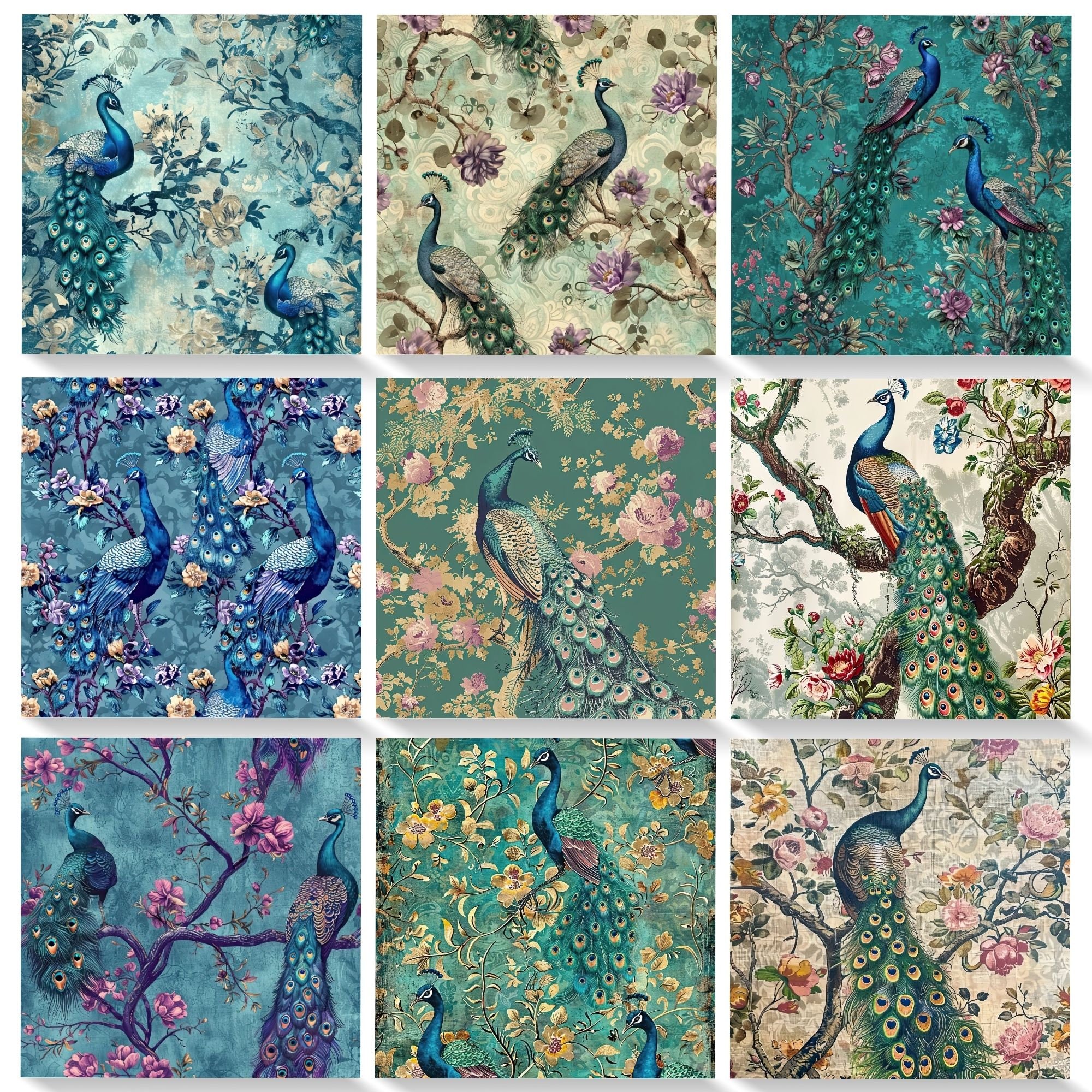 Peacock DIGITAL PAPER Toile Design Jewel Tones Background Peacock Image ...