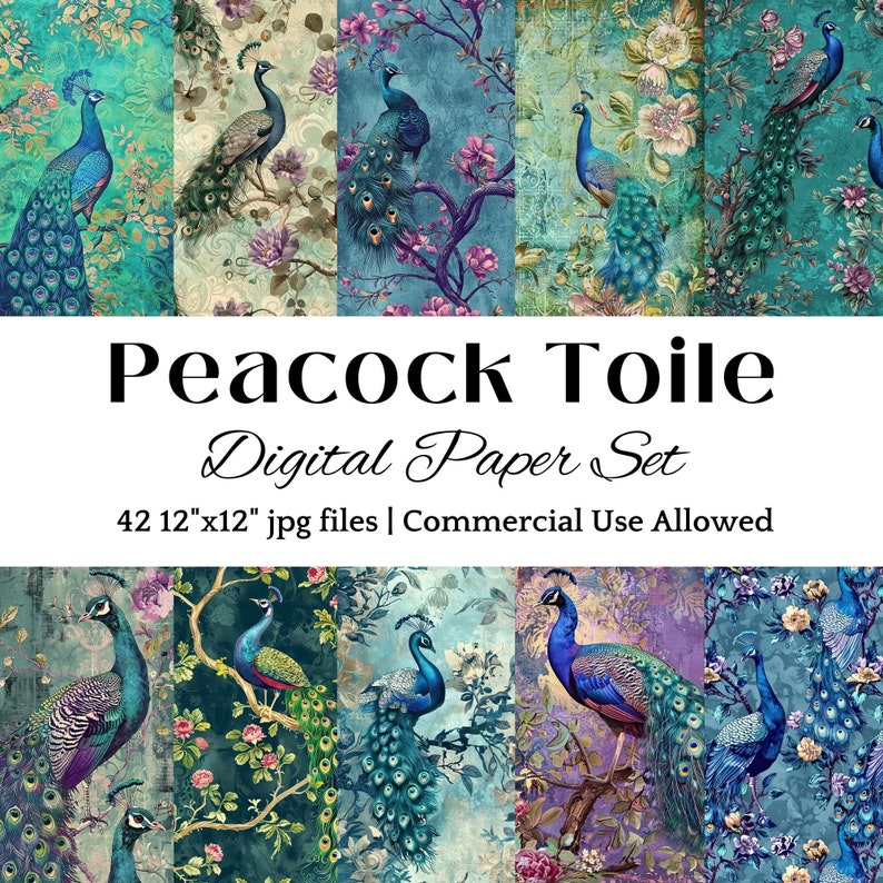 Peacock DIGITAL PAPER Toile Design Jewel Tones Background Peacock Image ...