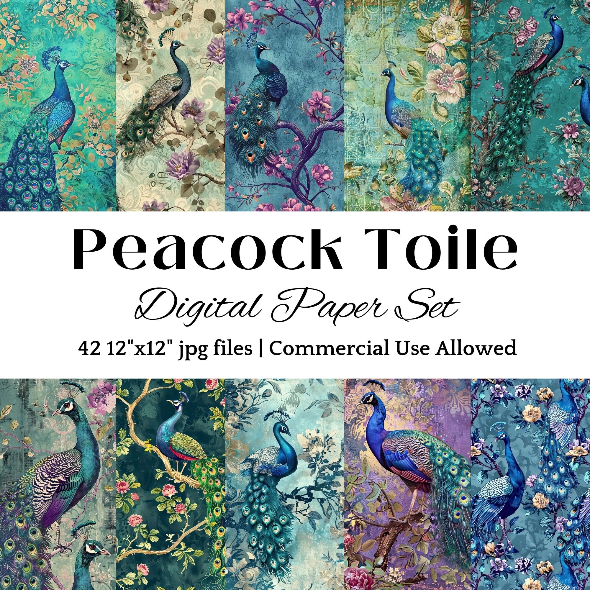 Peacock DIGITAL PAPER Toile Design Jewel Tones Background Peacock Image ...