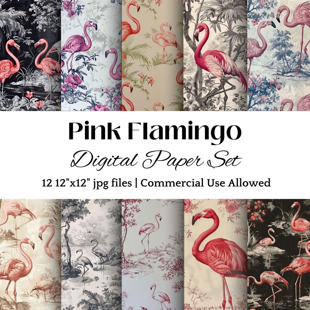 Bird DIGITAL PAPER French Pattern Flamingo Design Vintage Toile ...