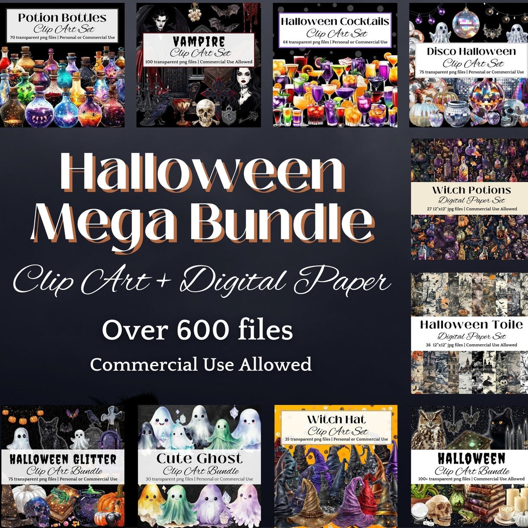 Halloween CLIP Art W Digital PAPER BUNDLE Spooky Graphics Patterns for ...