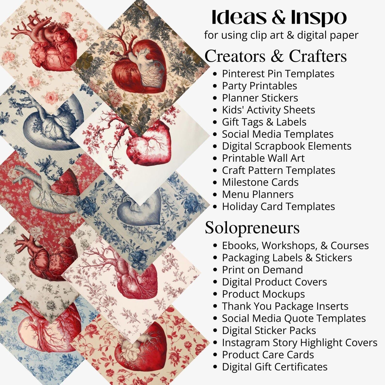 Anatomical Heart DIGITAL PAPER Vintage Floral Background Romantic ...