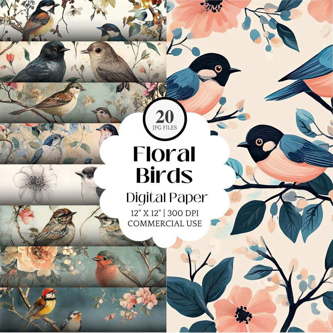 Bird DIGITAL PAPER Bird Pattern Floral Themed Art Digital Wallpaper ...