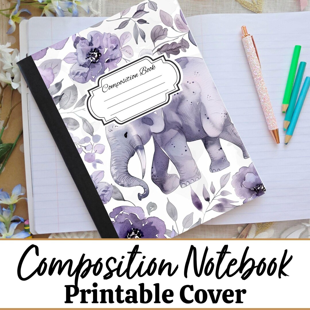 COMPOSITION NOTEBOOK COVER Purple Elephant Png Set of 6 Floral ...