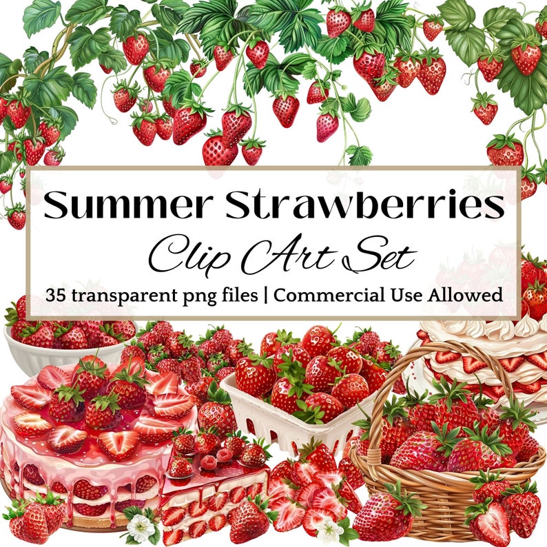 Strawberry CLIPART for Summer Party Decor Baby Shower Invitation Cake ...