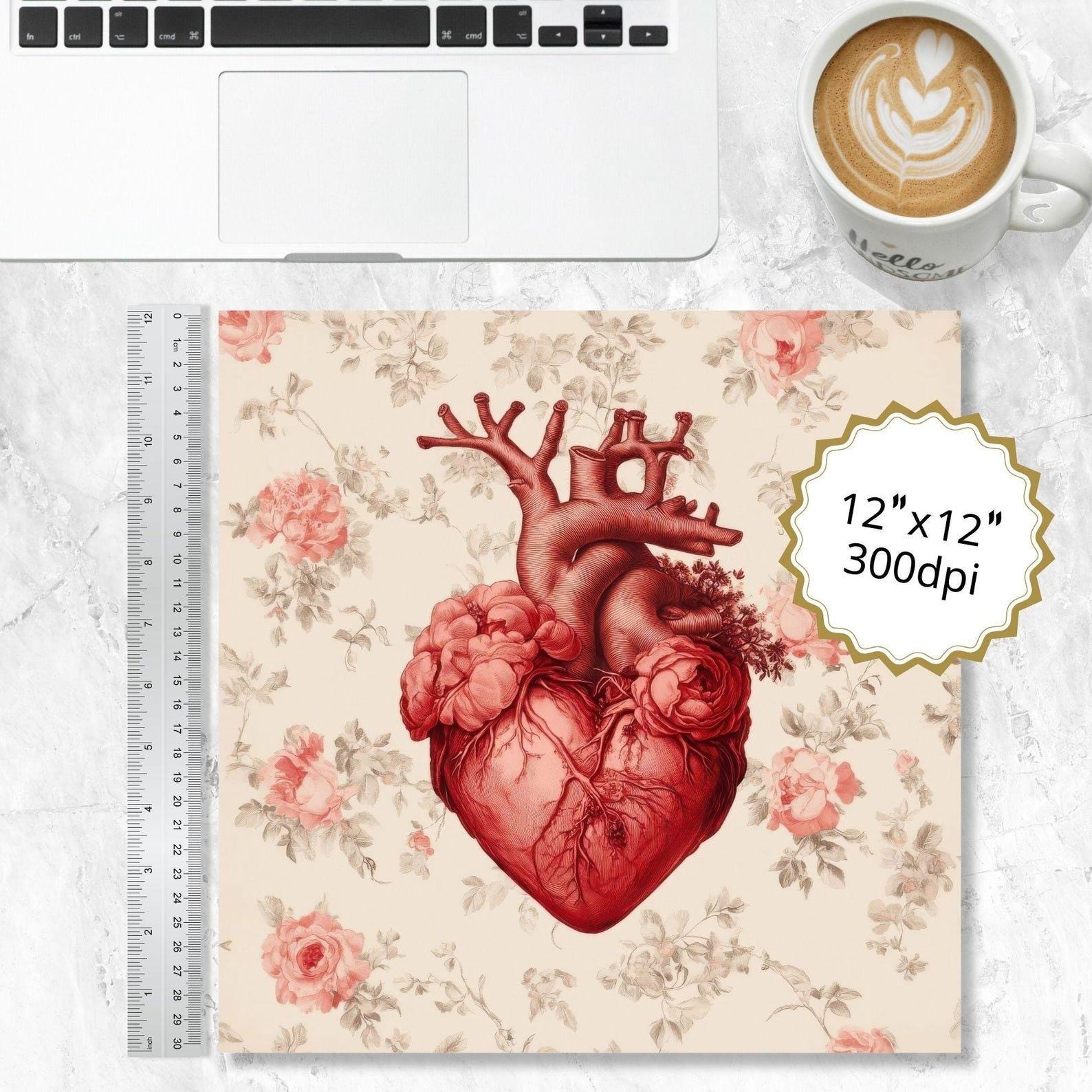 Anatomical Heart DIGITAL PAPER Vintage Floral Background Romantic ...