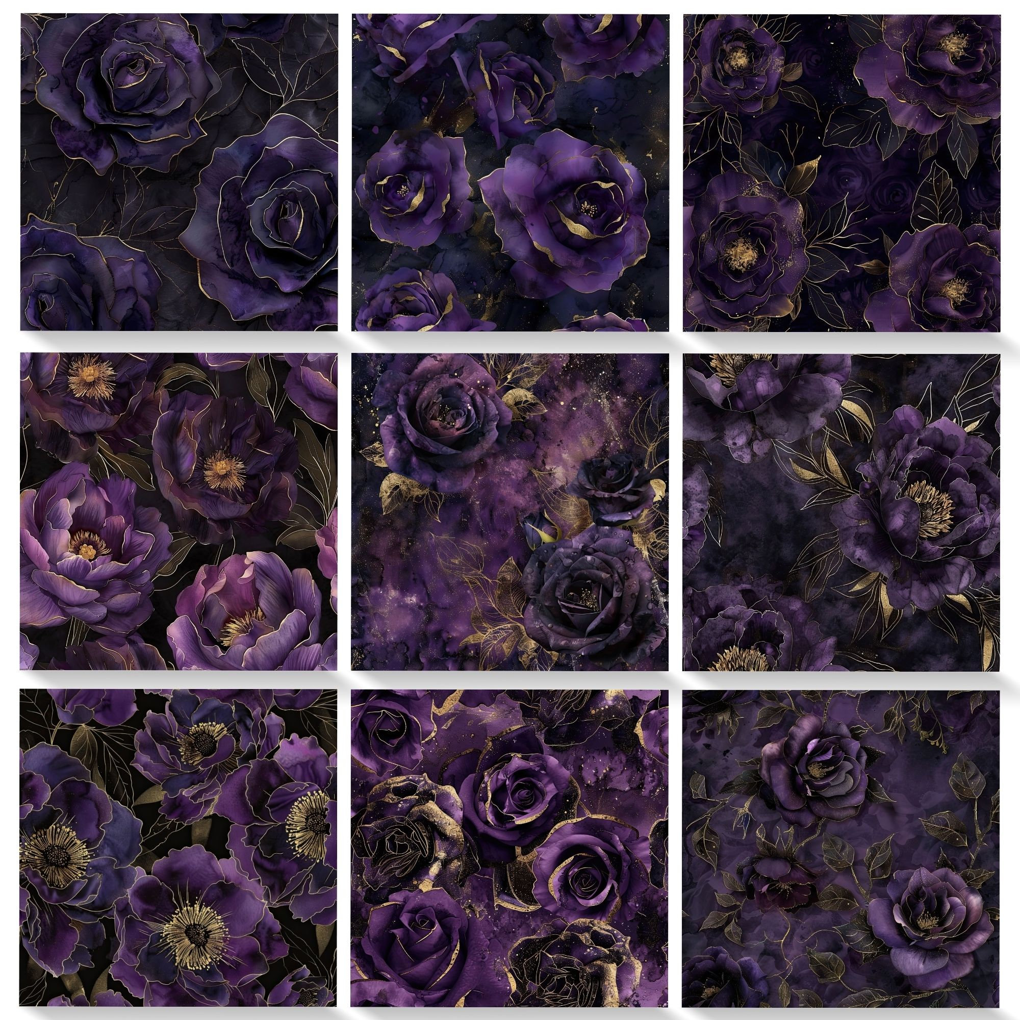 Purple Gold Floral DIGITAL PAPER Dark Floral Design Purple Flower Black ...