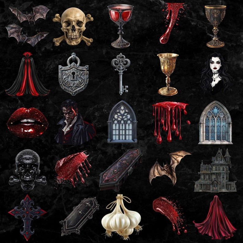 Vampire CLIPART Gothic Halloween PNG Bundle - Coffin Skull Cross ...