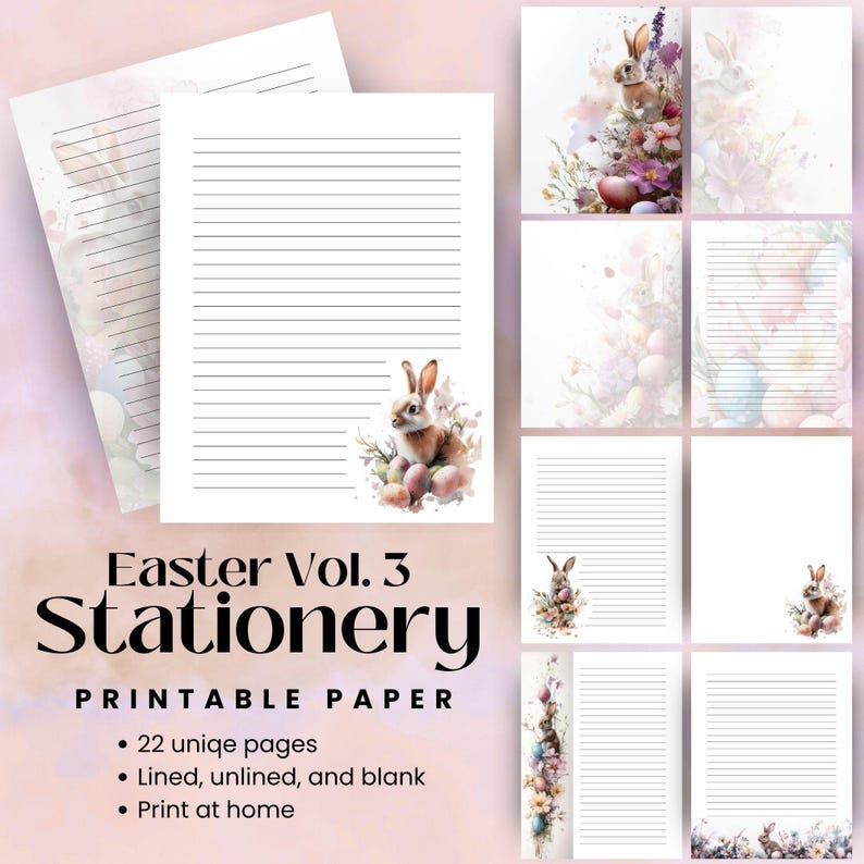 Easter Bunny PRINTABLE STATIONERY Set, 22 Pages Cute Spring Writing ...