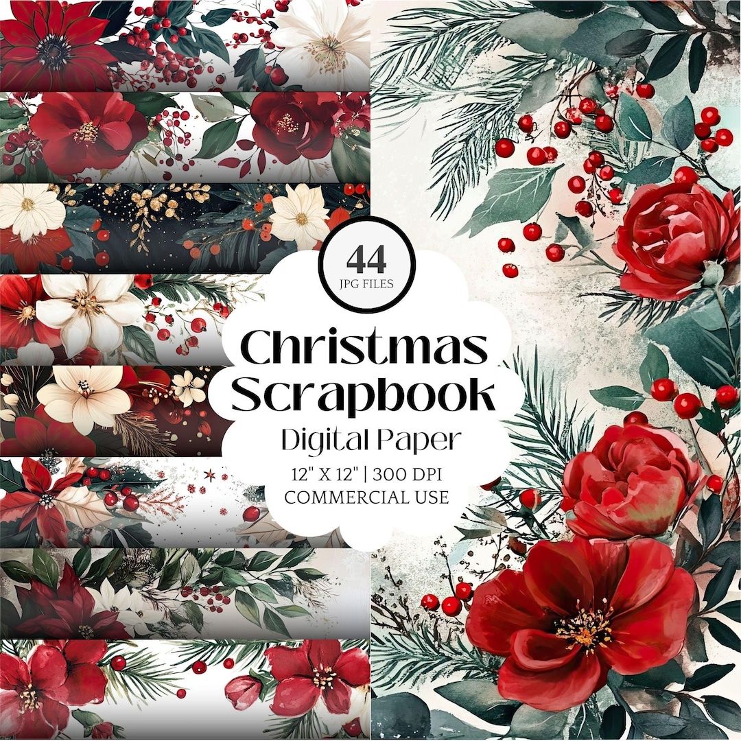 Christmas Scrapbook DIGITAL PAPER Holiday Floral Background Poinsettia ...