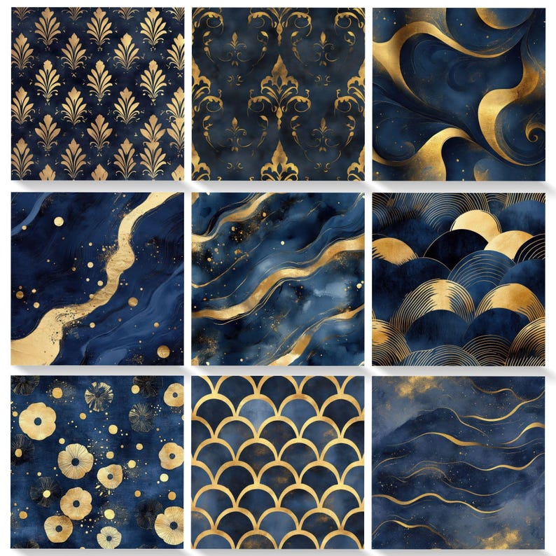 Navy & Gold DIGITAL PAPER Geode Design Fleur De Lis Background Elegant ...