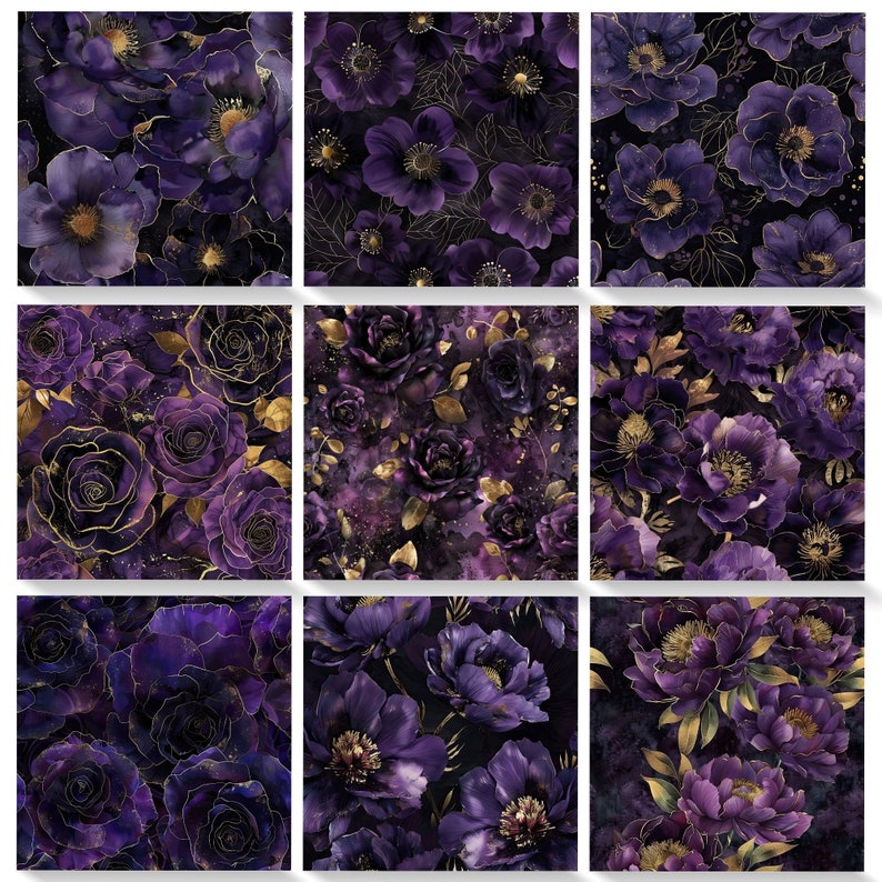 Purple Gold Floral DIGITAL PAPER Dark Floral Design Purple Flower Black ...
