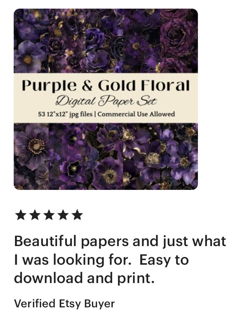 Purple Gold Floral DIGITAL PAPER Dark Floral Design Purple Flower Black ...
