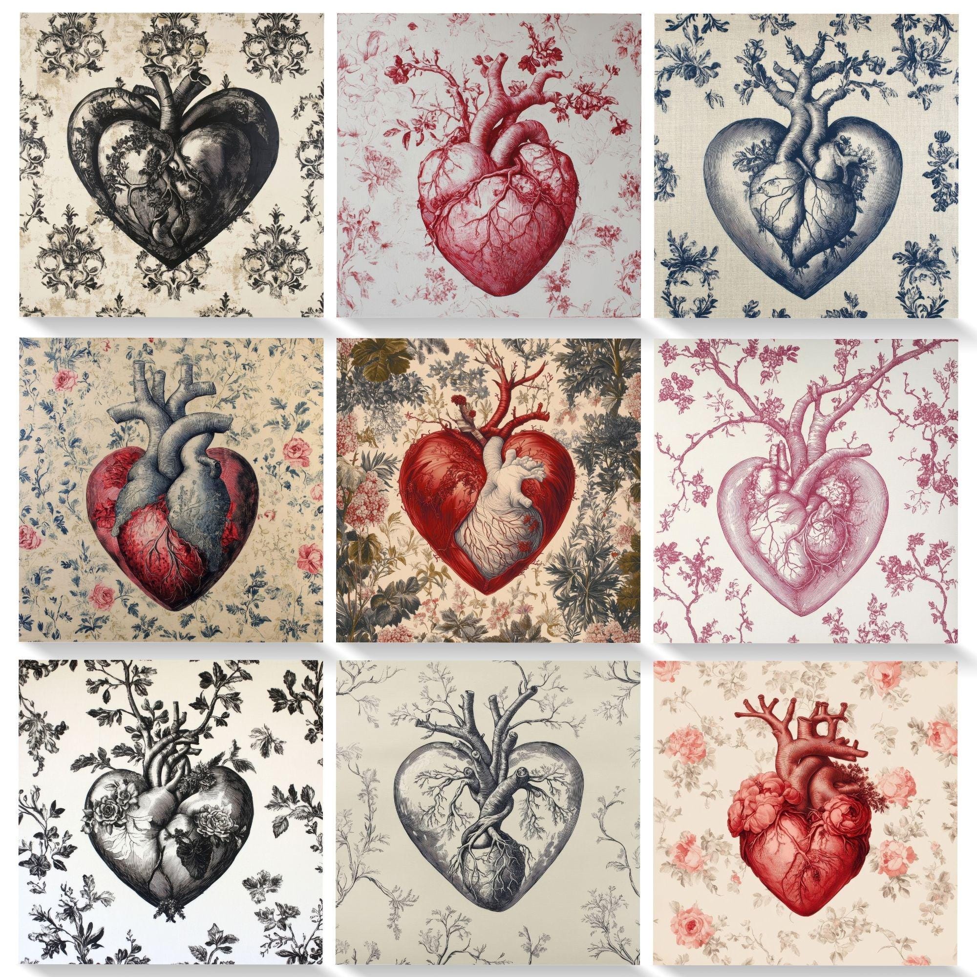 Anatomical Heart DIGITAL PAPER Vintage Floral Background Romantic ...