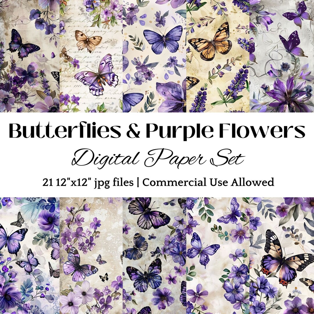 Butterfly DIGITAL PAPER Purple Flower Watercolor Theme Butterfly ...