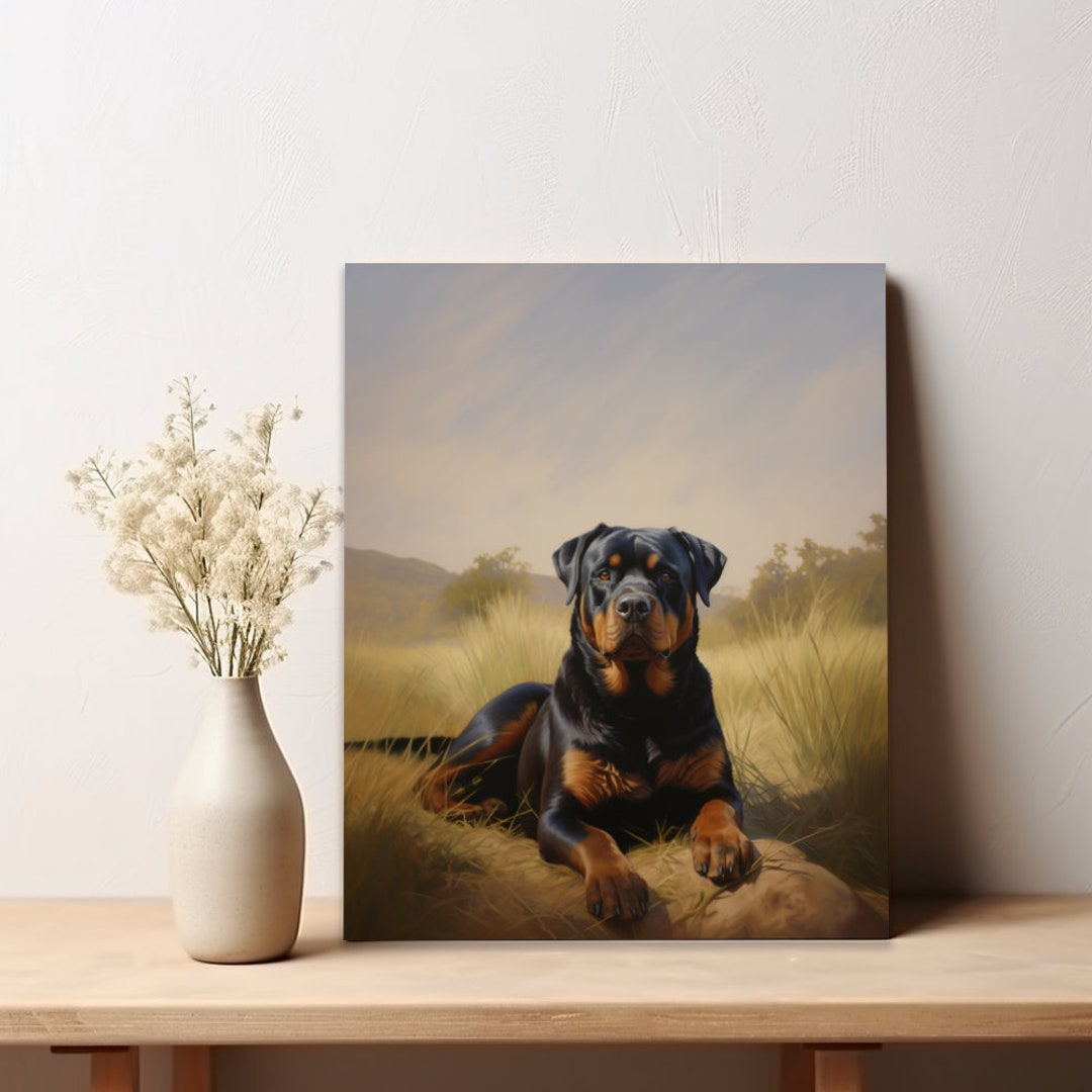 Vintage Rottweiler Portrait in Oil Painting Print on Canvas - Printed ...