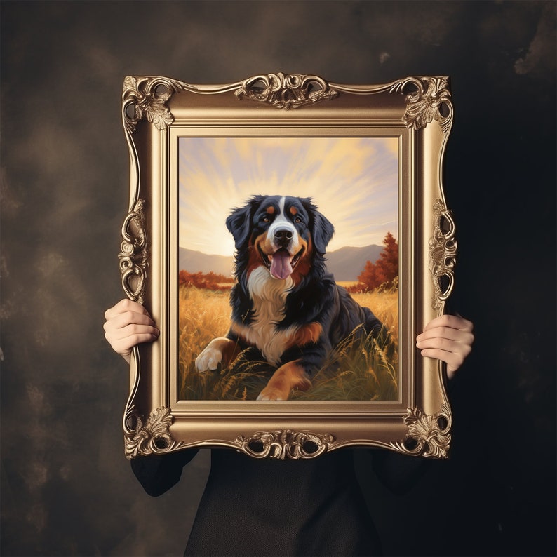 Vintage Bernese Mountain Dog Portrait Digital Download, Oil Painting Inspired Printed Art ...